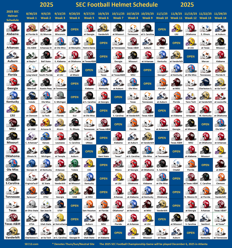 2025 SEC Football Helmet Schedule - SEC12.com - SEC Football
